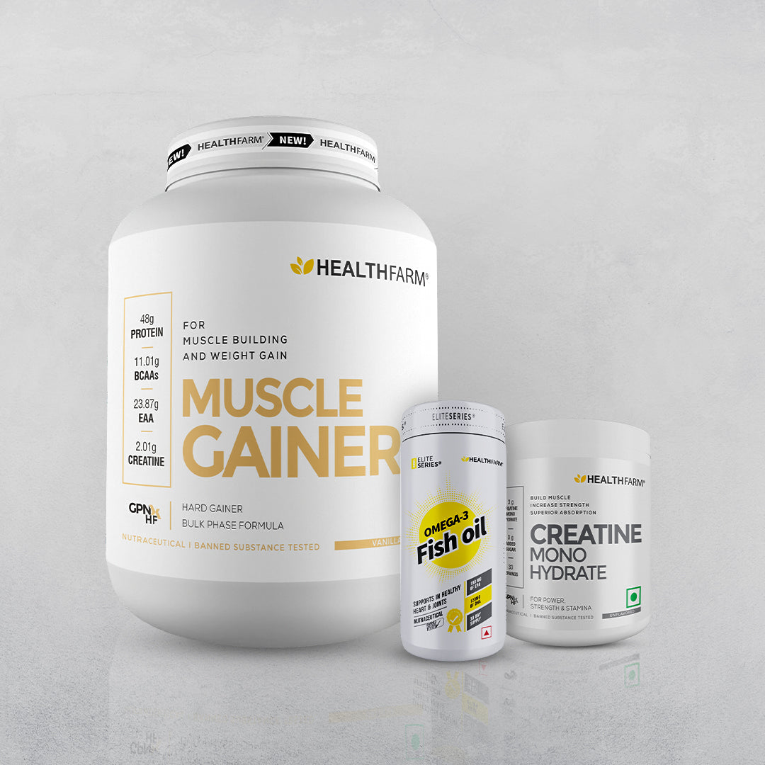 Healthfarm Muscle Gainer + Omega 3 Fish Oil + Creatine 100g Combo ...